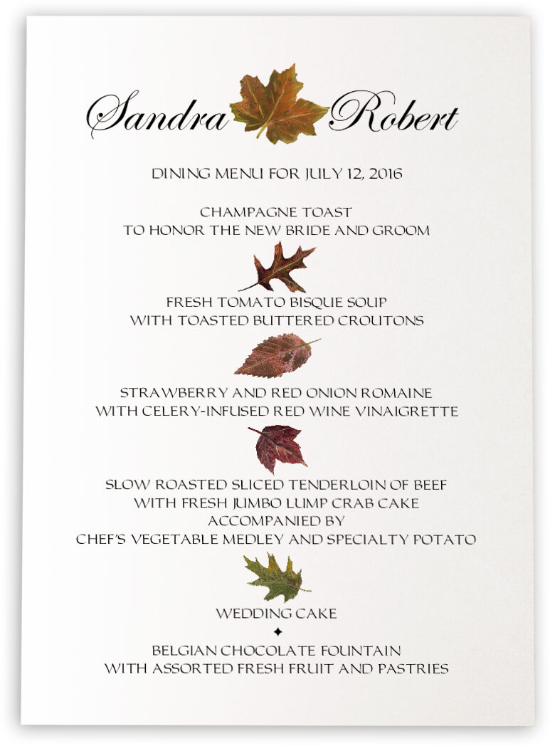 Assorted Colorful Leaves Fall Wedding Menu Cards and Custom Dinner ...