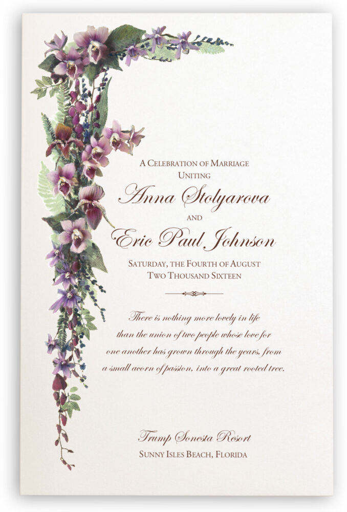Purple Tropical Flowers and Orchid Cascade Church Wedding Program ...