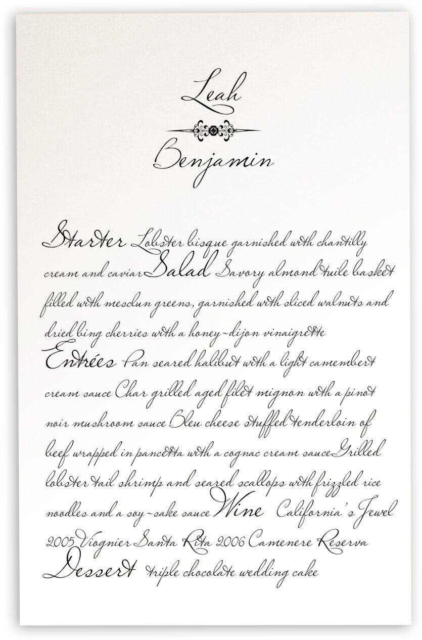 Handwritten Wedding Menu Cards | Miss LeGates Handwritten Menu Card ...