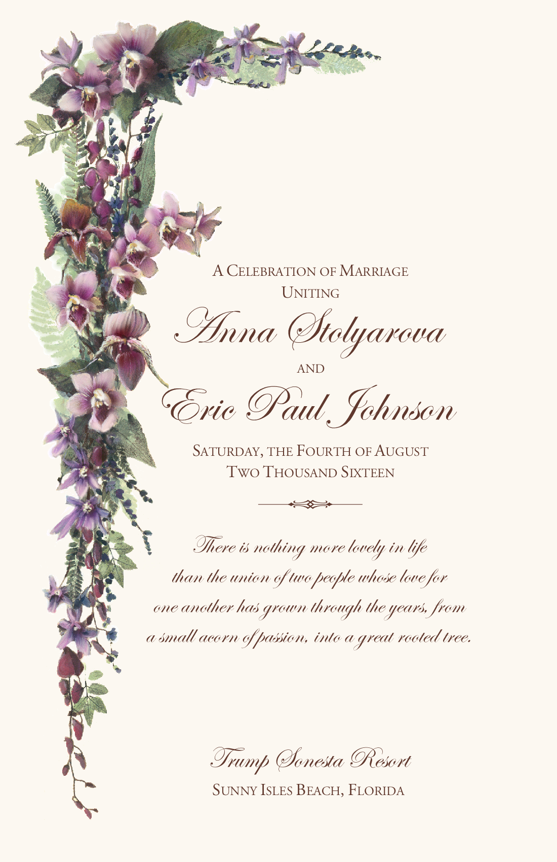 Purple Tropical Flowers and Orchid Cascade Church Wedding Program ...